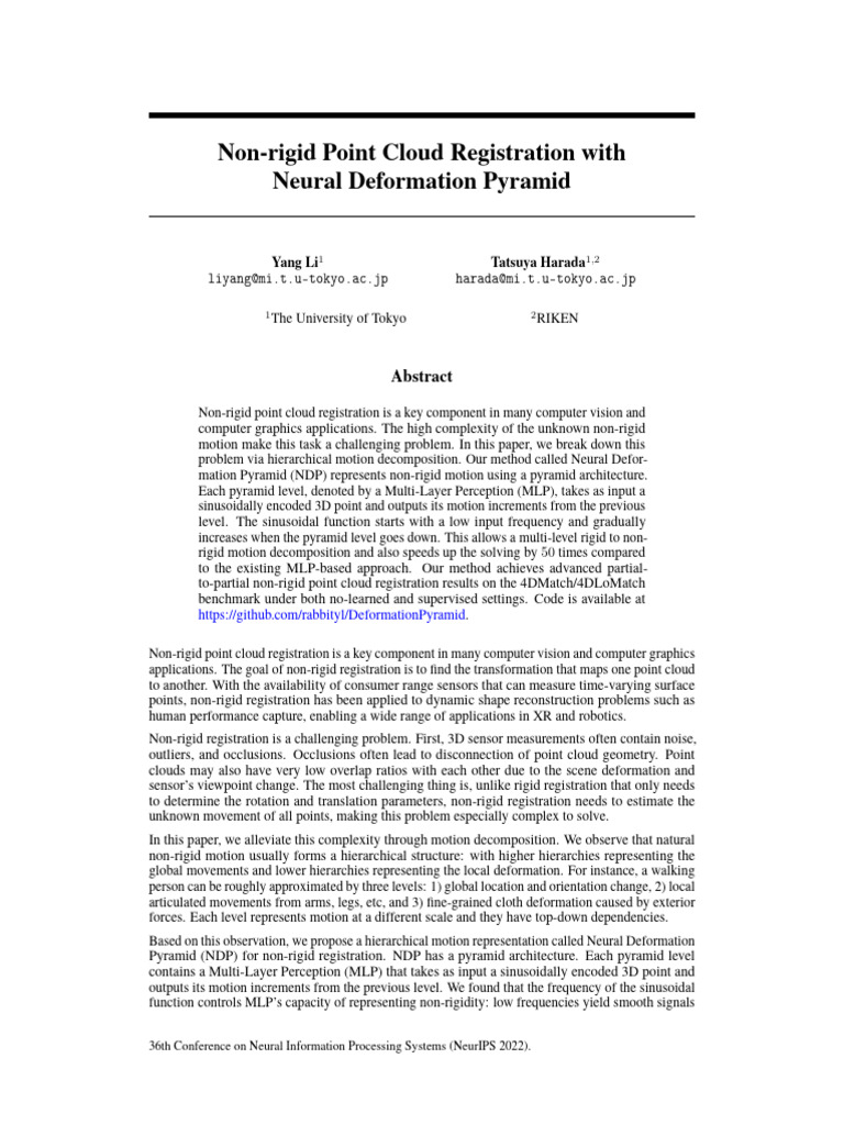 Non-Rigid Point Cloud Registration With Neural Deformation Pyramid | PDF