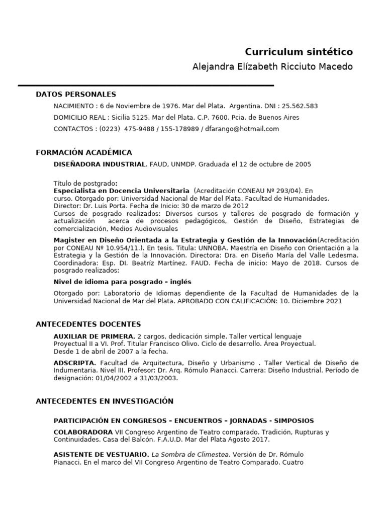 Curriculum Sintético Alejandra Ricciuto | PDF
