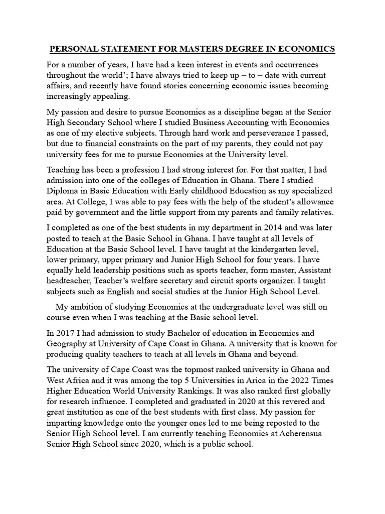 Personal Statement for Economics Master's | PDF | Economics | Teachers