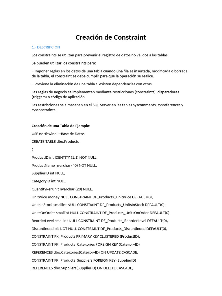 Guia Crear y Funcionalidad de Constraint Sql Server | PDF