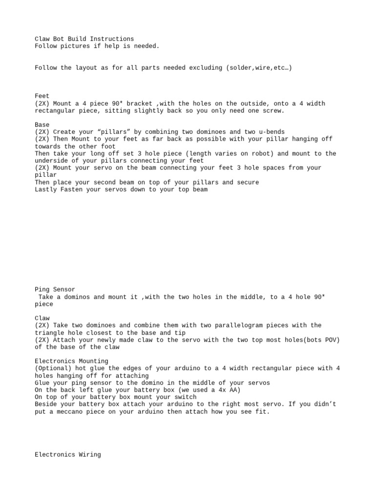 Claw Bot Build Instructions TXT | PDF | Teaching Methods & Materials