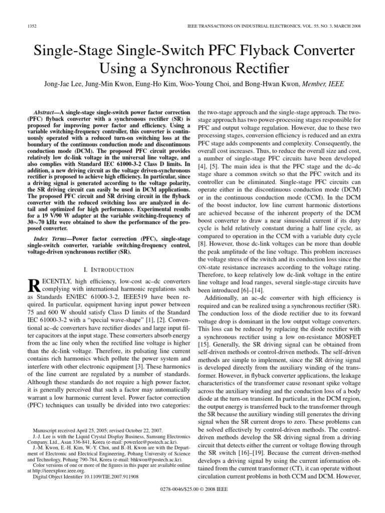Single-Stage Single-Switch PFC Flyback Converter Using A Synchronous Rectifier | PDF
