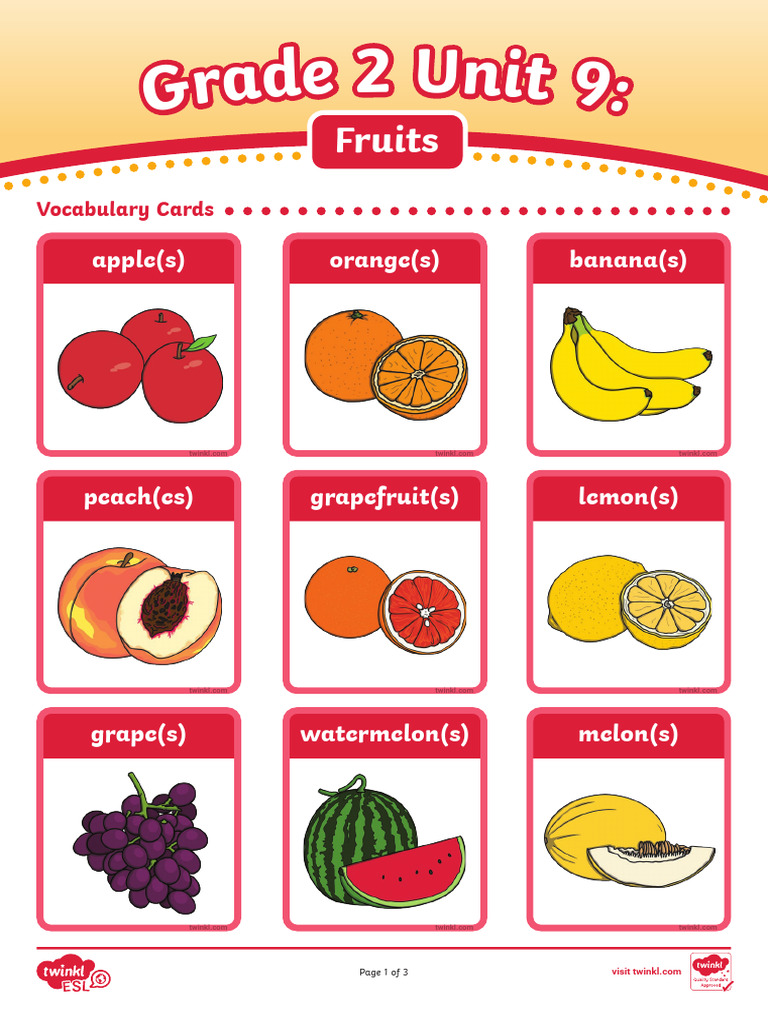 T 1699971367 Esl Vocabulary Cards Grade 2 Unit 9 Fruits Kids Pre A1 ...