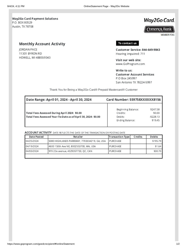 OnlineStatement Page - Way2Go Website - PDF April | PDF