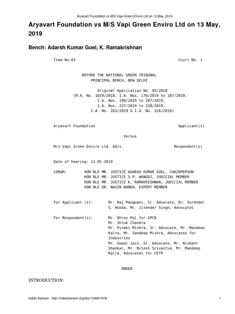 Aryavart Foundation Vs M S Vapi Green Enviro LTD On 13 May 2019 | PDF | Water Pollution | Law