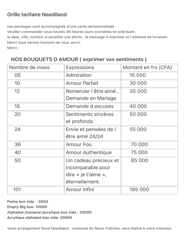 Grille Tarifaire Neediland | PDF