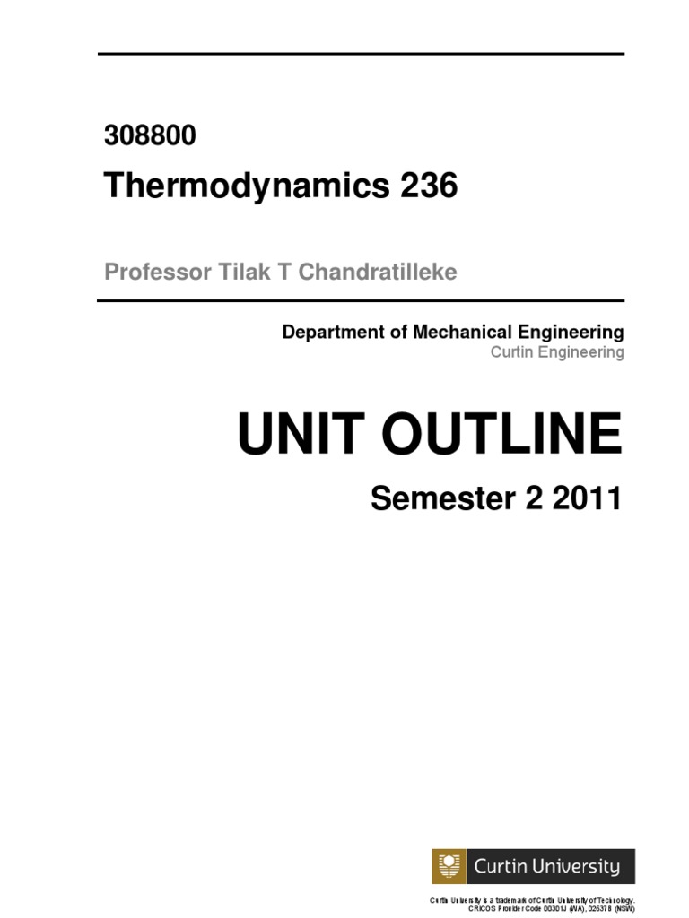 Unit Outline: Thermodynamics 236 | PDF | Heat | Test (Assessment)