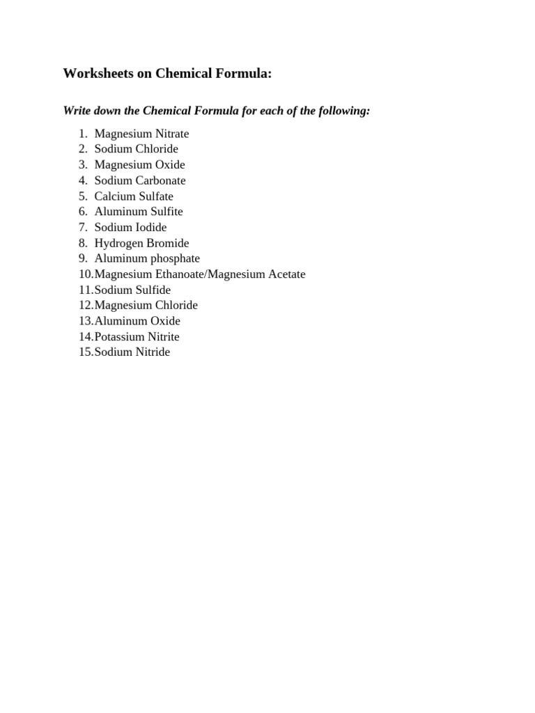 Worksheets On Chemical Formula | PDF