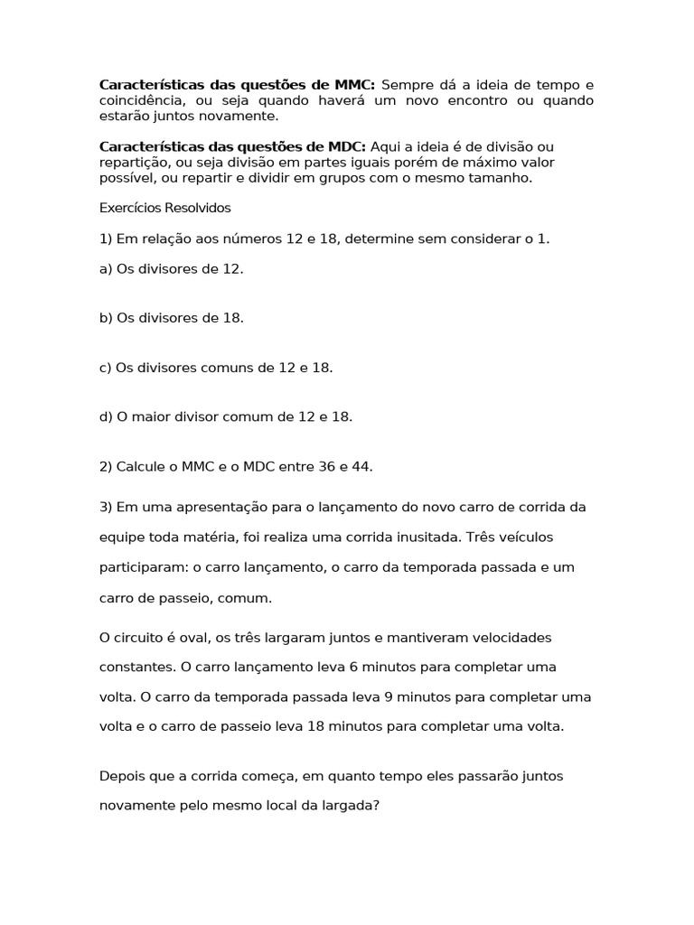 Características Das Questões de MMC Maria Emilia para Segunda Feira | PDF