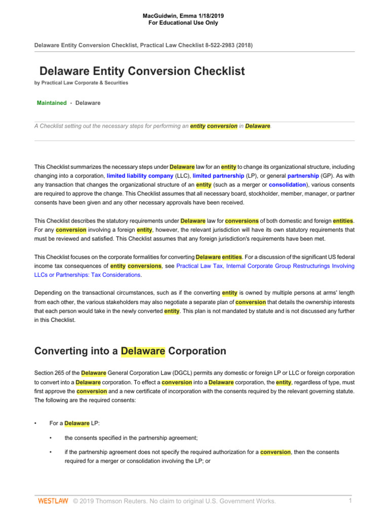 Practical Law - Delaware Entity Conversion Checklist | PDF