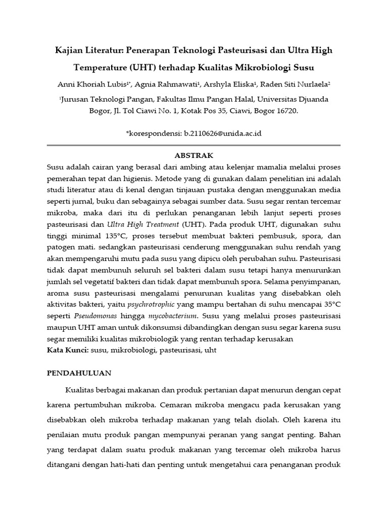 Kajian Literatur: Penerapan Teknologi Pasteurisasi Dan Ultra High ...