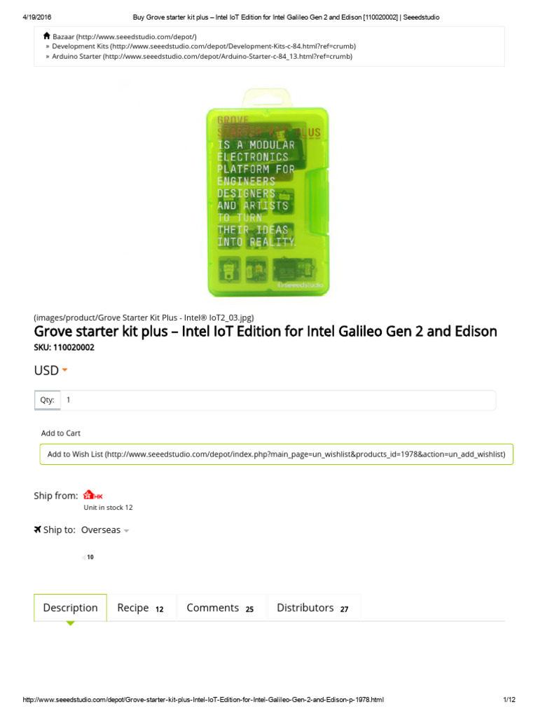 Grove Starter Kit Plus - Intel Iot Edition For Intel Galileo Gen 2 and Edison | PDF