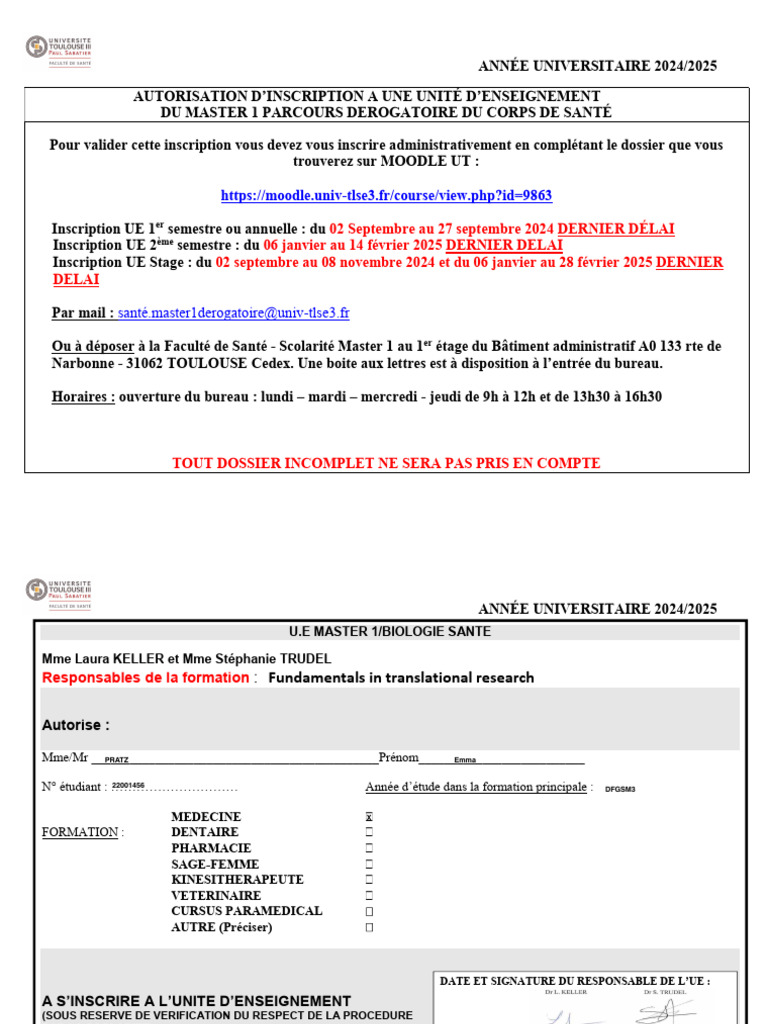 Autorisation Inscription - Fundamentals in Translational Research 2024-2025 - Copie | PDF