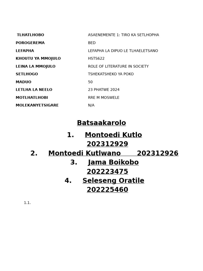 Setswana Group Assignment 1 | PDF