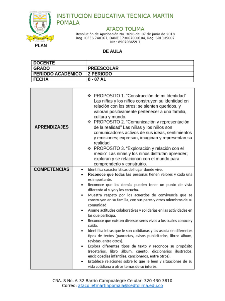 PLAN DE AULA DE PREESCOLAR | PDF