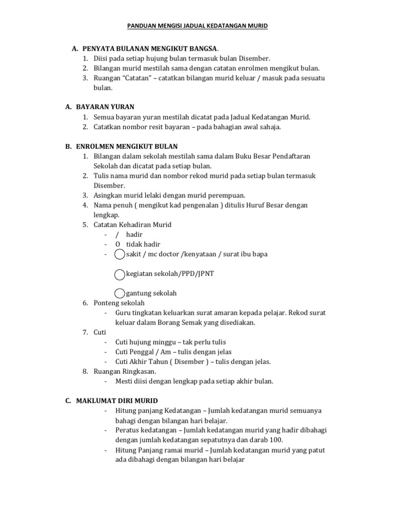 Panduan Mengisi Jadual Kedatangan Murid | PDF