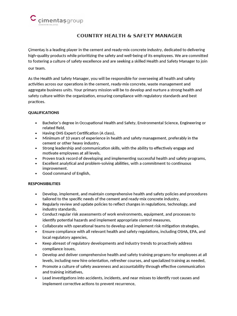 Country Heath and Safety Manager | PDF