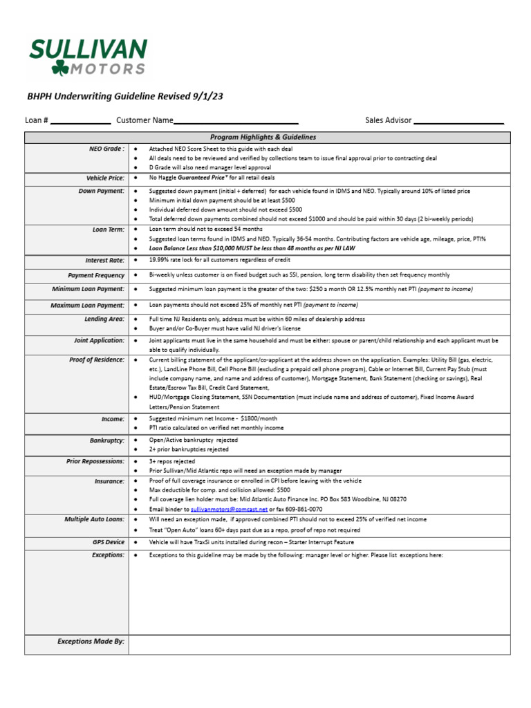 BHPH Underwriting Guideline Revised 9/1/23 | PDF