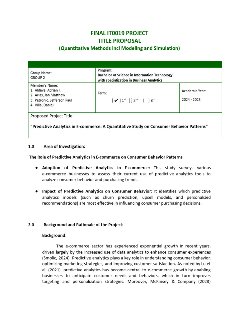 Final It0019 Project Title Proposal: (Quantitative Methods Incl ...