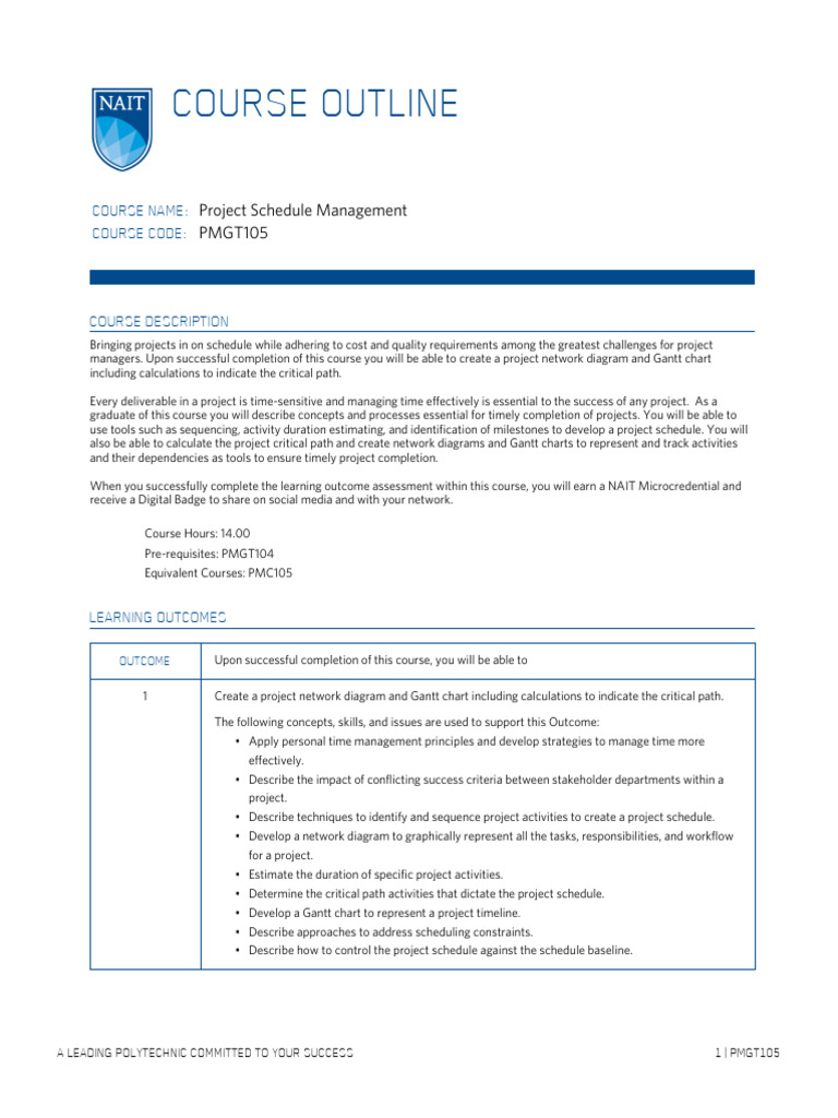 Course Outline: Project Schedule Management PMGT105 | PDF
