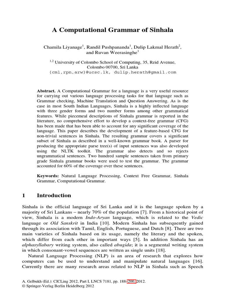 A Computational Grammar of Sinhala | PDF