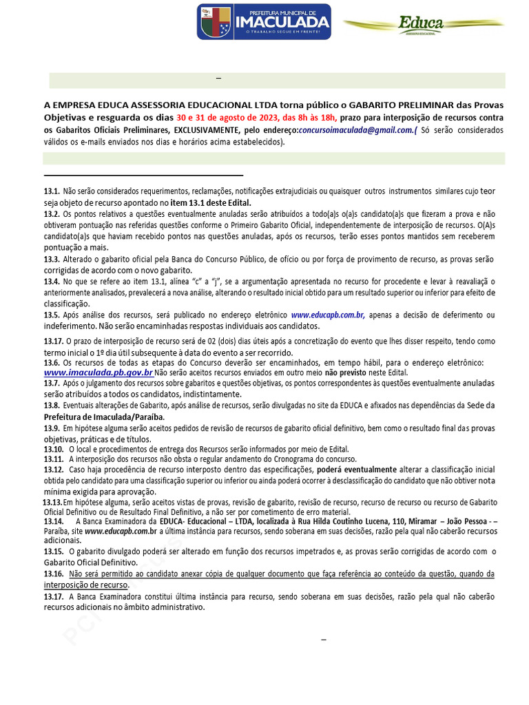 PROVA 2023 - IMACULADA GABARITO | PDF