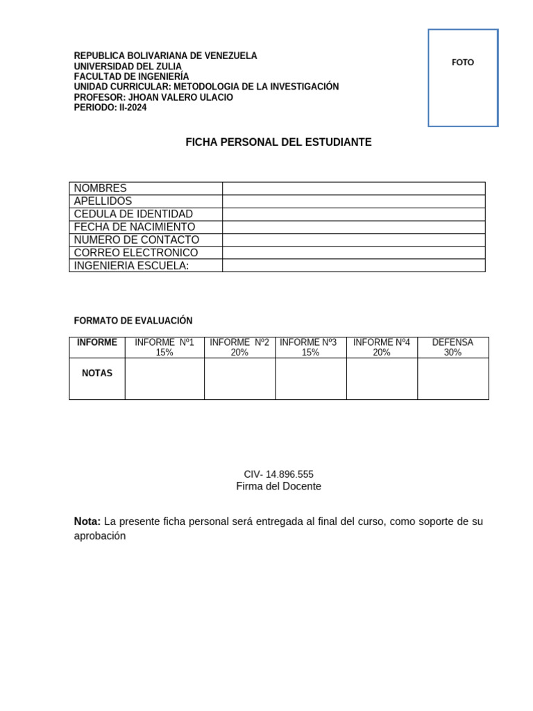 Ficha Del EstudianteI II 2024 METODOLOGIA | PDF