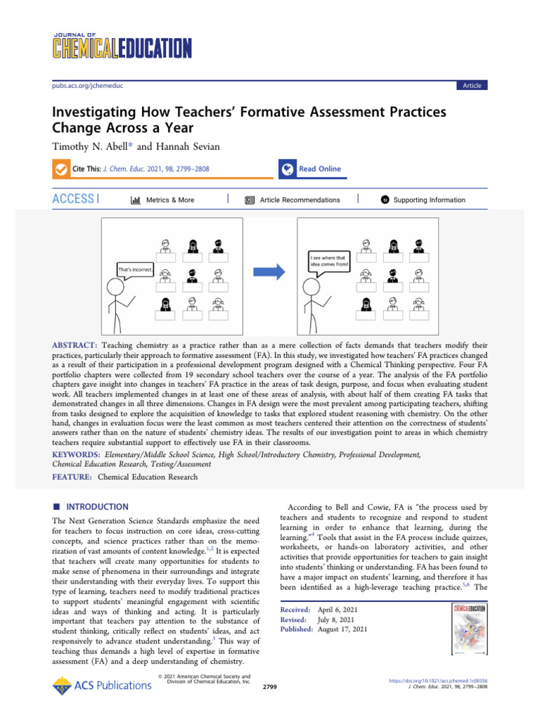 (2021) Investigating How Teachers' Formative Assessment Practices Change Across A Year. Abell T ...