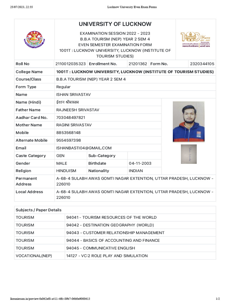 Lucknow University Even Exam Forms | PDF