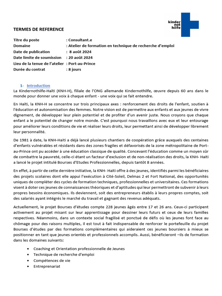 TDR Atelier de Formation en Technique de Recherche DEmploi | PDF