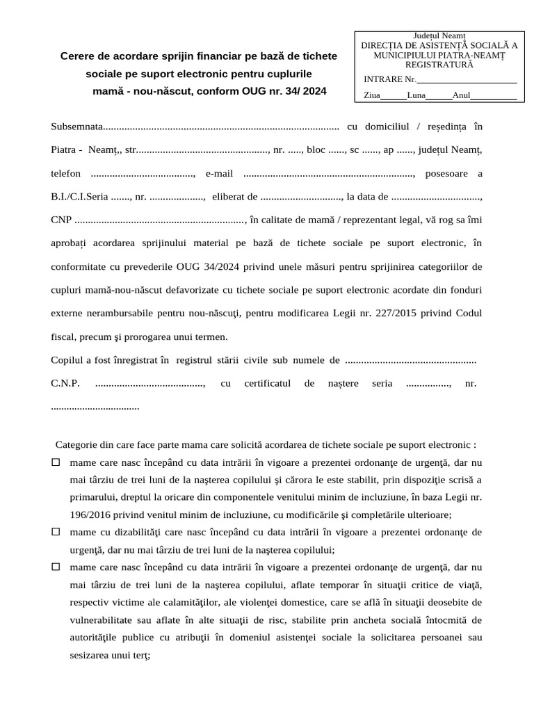 Cerere de Acordare de Sprijin Financiar Pe Baza de Tichete Sociale Pe Suport Electronic Pentru ...