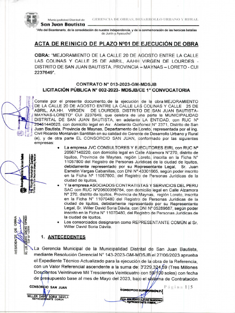 Acta de Reinicio de Plazo Nº01 de Ejecucion de Obra | PDF