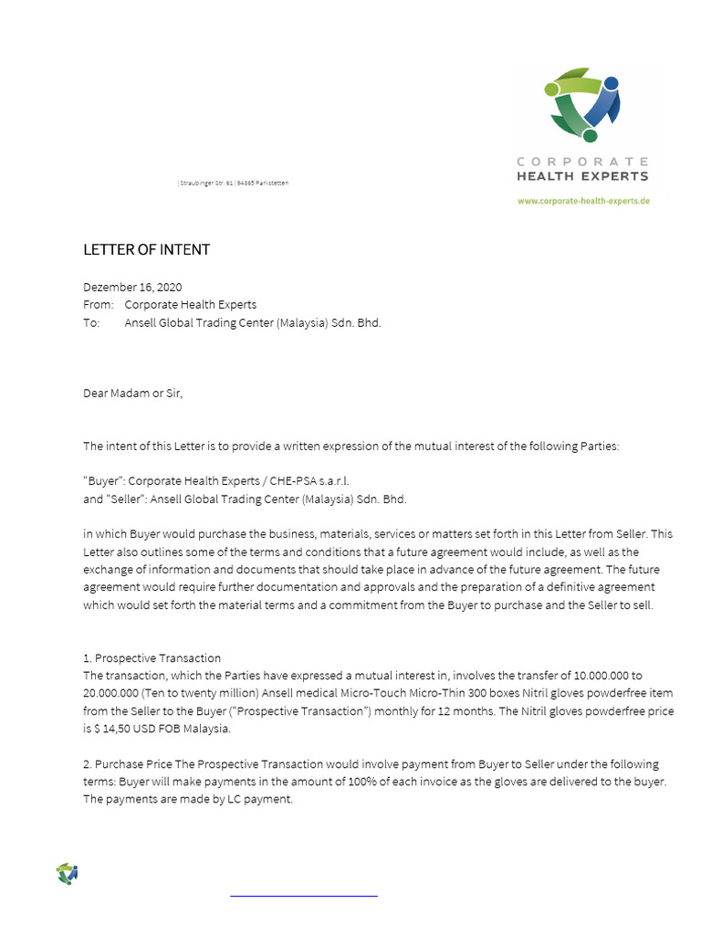 Ansell Glove Purchase Agreement Intent | PDF | Sales | Procurement