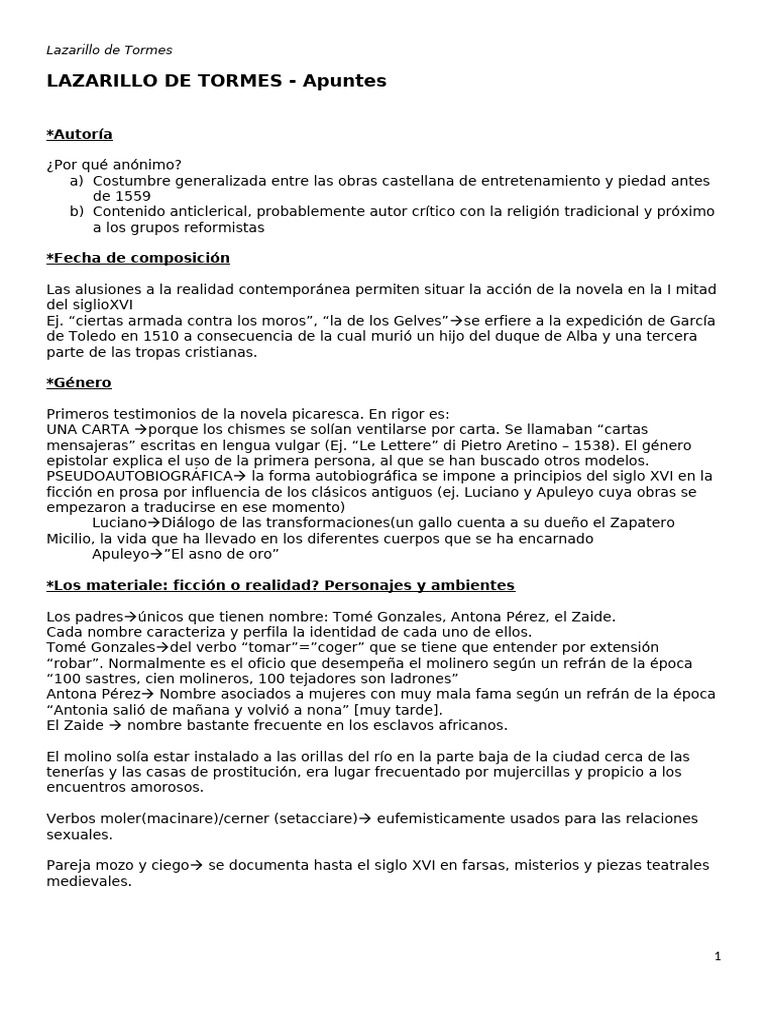 Lazarillo de Tormes Apuntes | PDF