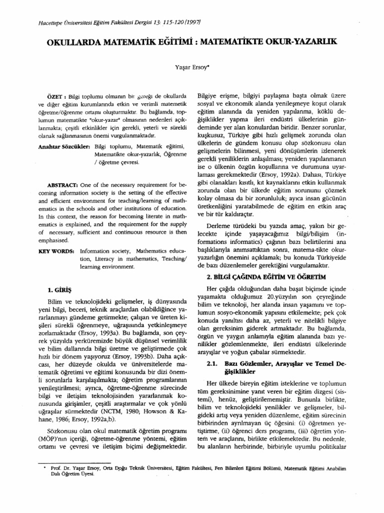 Okullarda Matematik e Itimi Matematikte Okur-Yazarl K (#102840) - 88133 | PDF