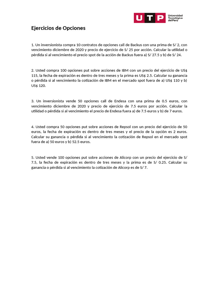 S06 - s1 - Ejercicios de Opciones | PDF