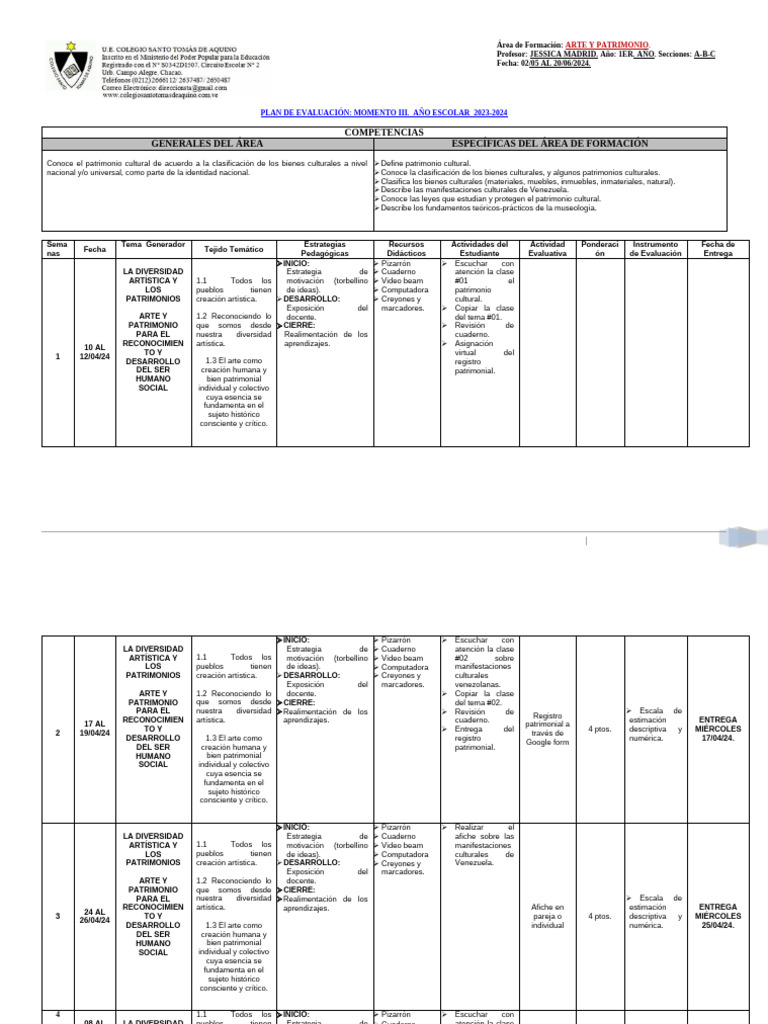 Planificación de Arte y Patrimonio (1er. Año) Sta 3er. Lapso 2023-2024 | PDF