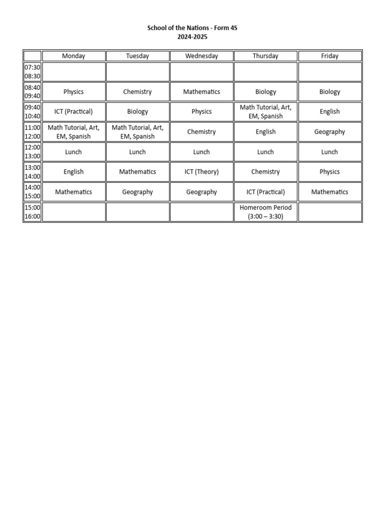 SON High School Form 4S Timetable 2024-2025 V8.30.2024 | PDF