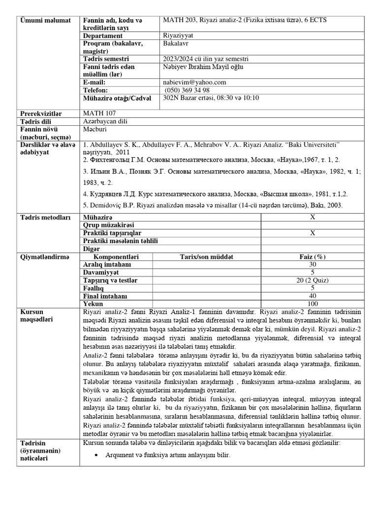 Ibrahim Nabiyev - Riyazi Analiz-2 | PDF