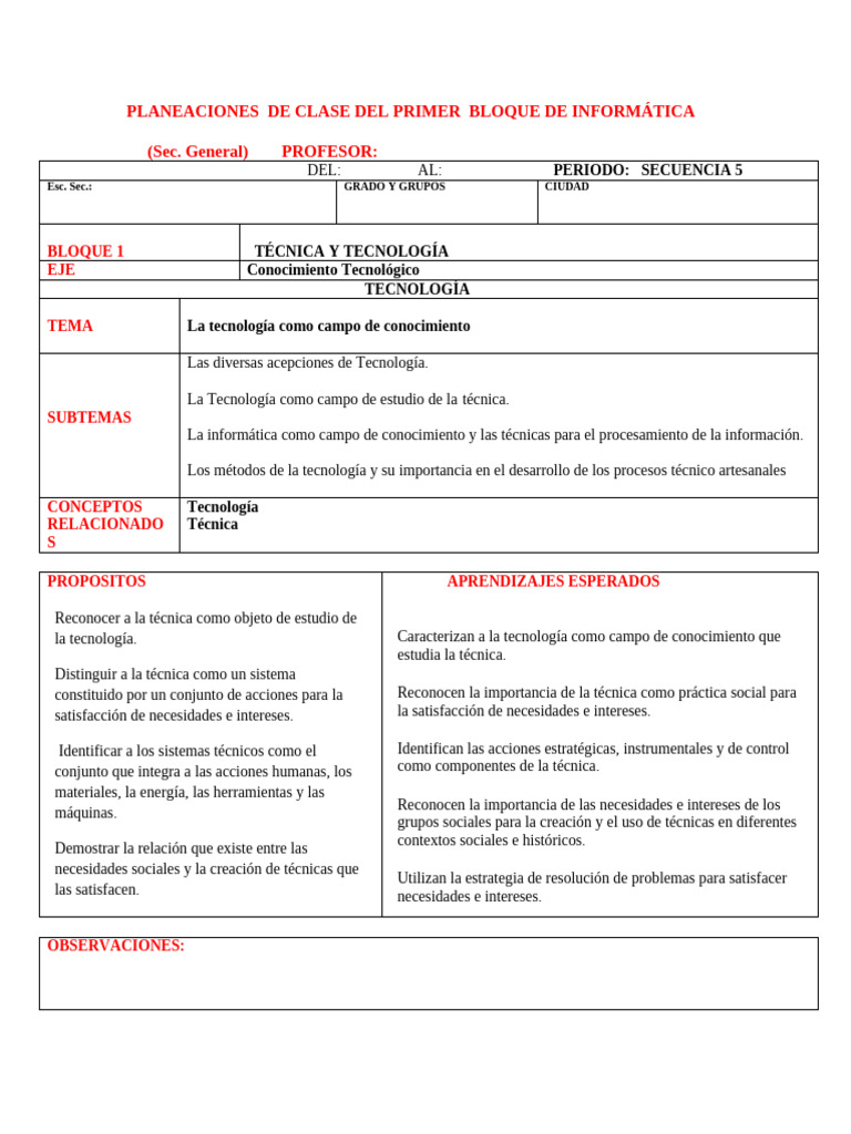 Planeacion Primer Grado Secundaria Informatica Semana 5 | PDF Planeacion Primer Grado Secundaria Informatica Semana 5 | PDF