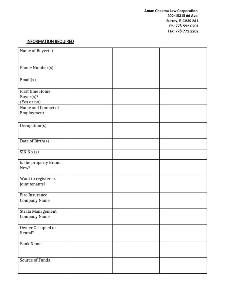 Information Required Sheet | PDF