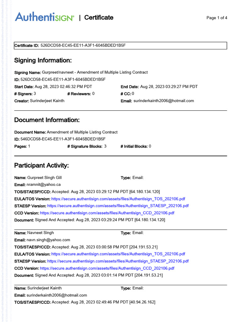 Gurpreetnavneet - Amendment of Multiple Listing Contract - Certificate ...