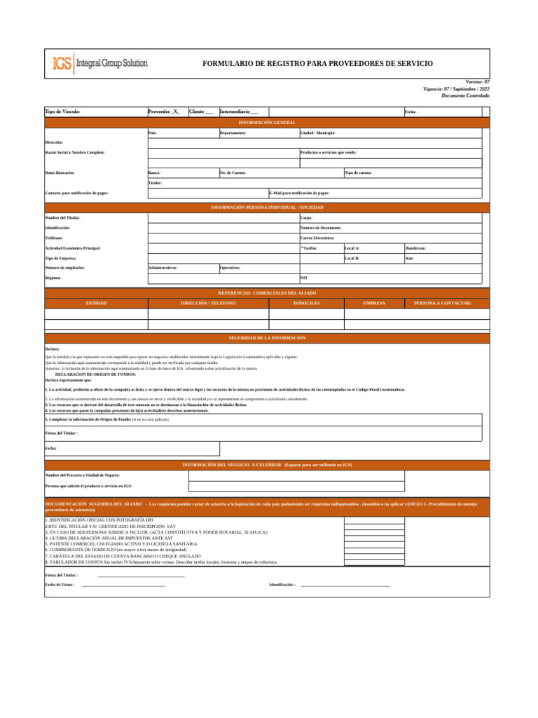 Formulario de Registro para Proveedores de Servicio - 2022 ACTUALIZADO 2023 | PDF