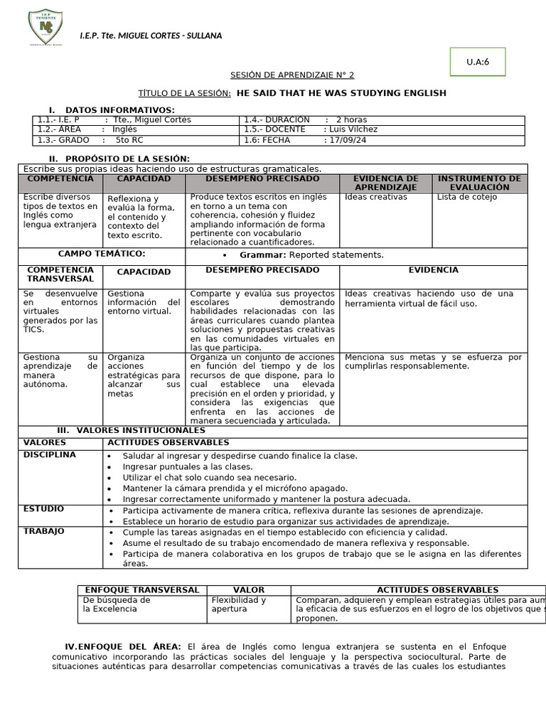 Sesión de Aprendizaje N 02-5to-Sexta Unidad-2024 | PDF | Aprendizaje | Evaluación