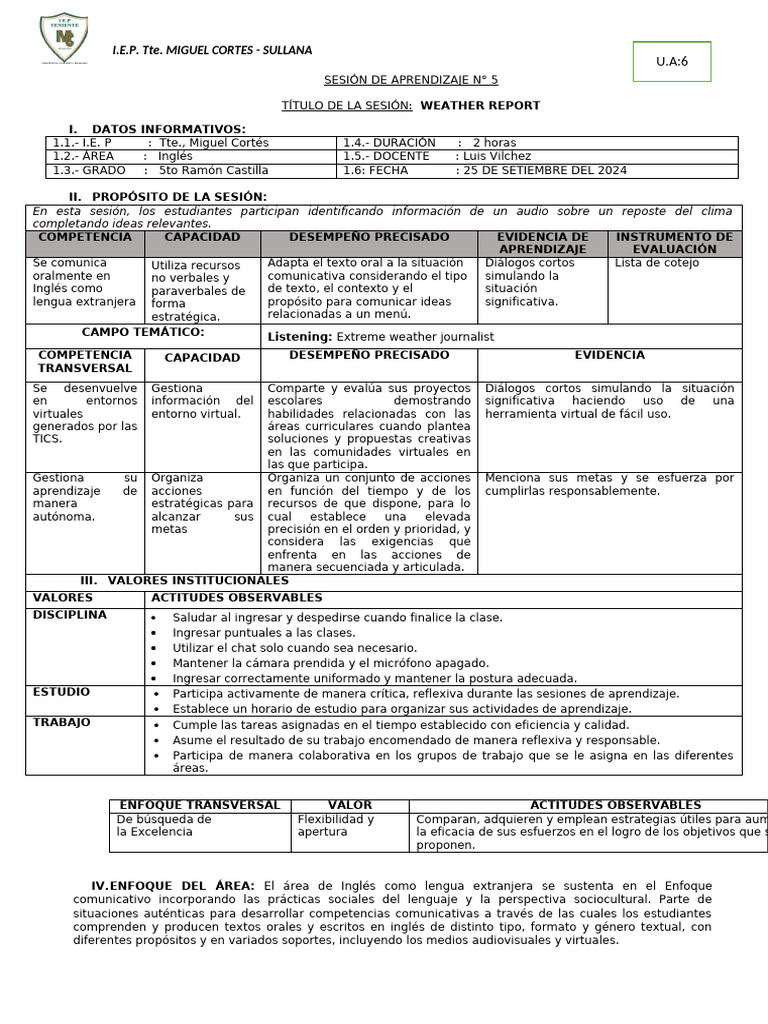 Sesión de Aprendizaje n 05-5to-Sexta Unidad-2024 | PDF