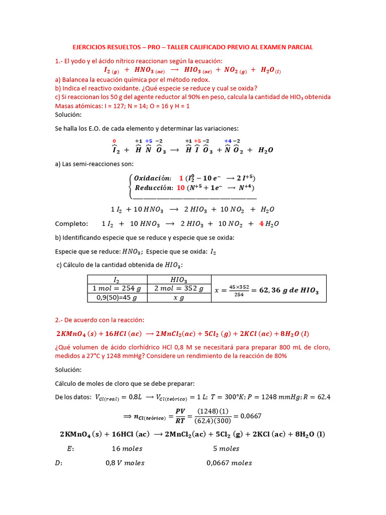 S08 - s1 - EJERCICIOS RESUELTOS PRO TALLER PREVIO AL EXAMEN PARCIAL | PDF | Redox | Fenómenos ...