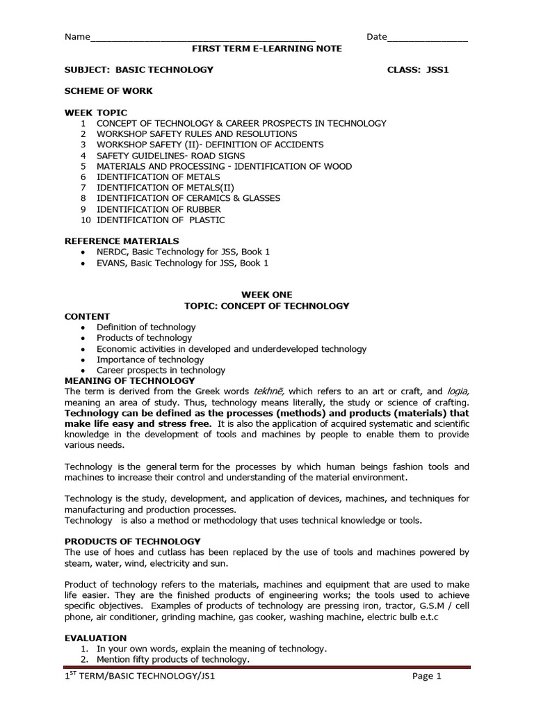 1ST Term J1 Basic Technology-1 | PDF