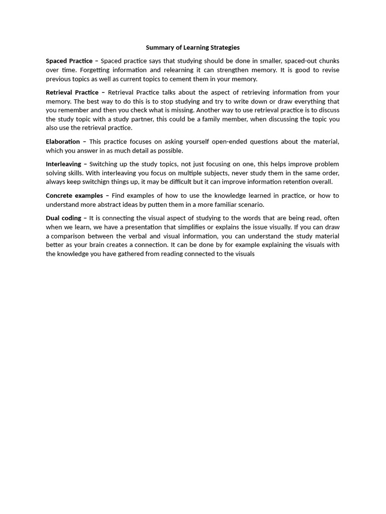 Summary of Learning Strategies | PDF