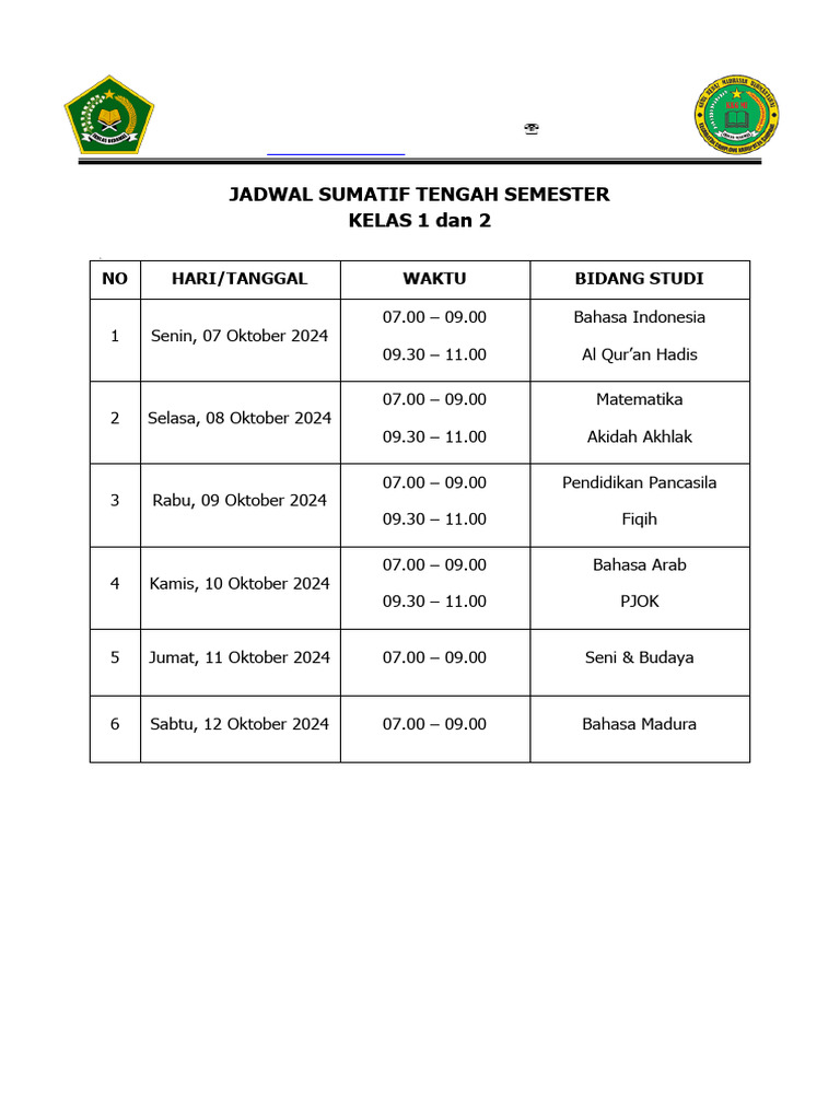 Jadwal Sts Ganjil Tahun Ajaran 2024-2025 | PDF