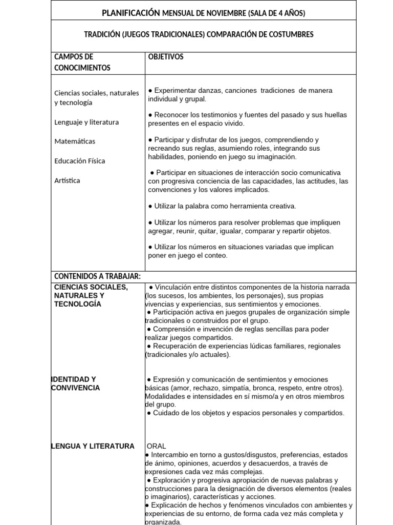 Planificación Noviembre: Juegos Tradicionales | PDF | Educación en ...